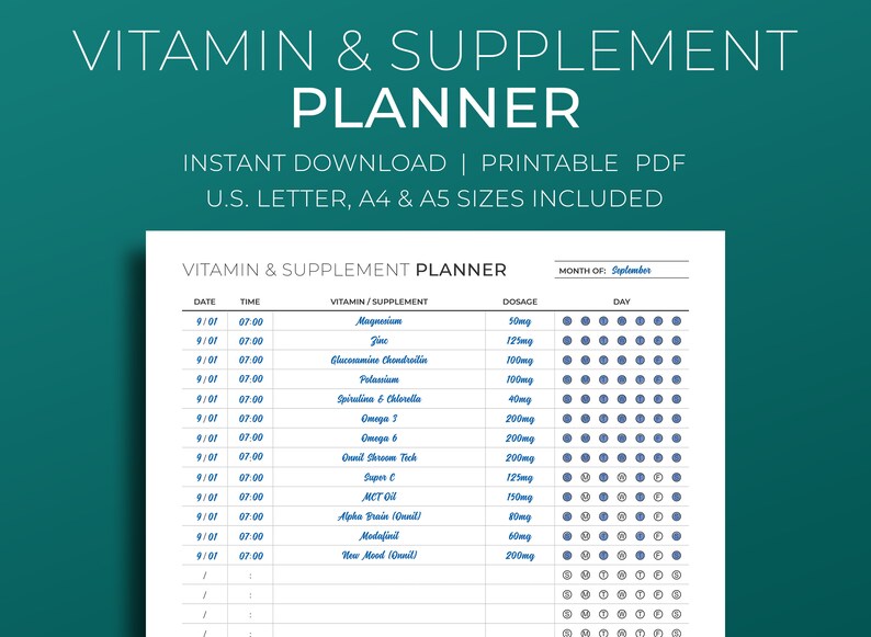 Vitamin and Supplement Planner ⦁ Vitamin Tracker ⦁ Minimalist Printable ...