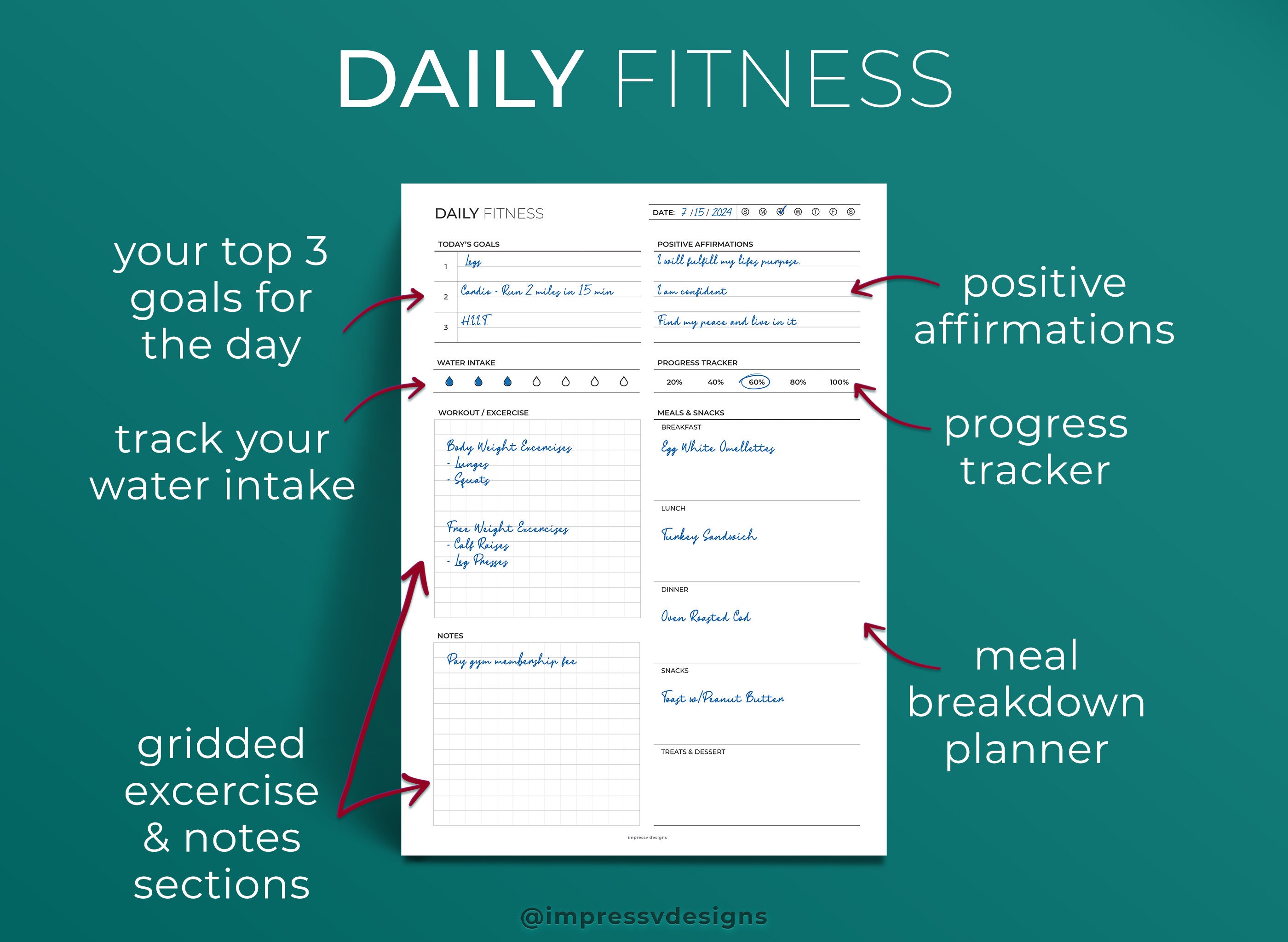 Daily Fitness Minimalist Printable Productivity PDF Template Planner ...