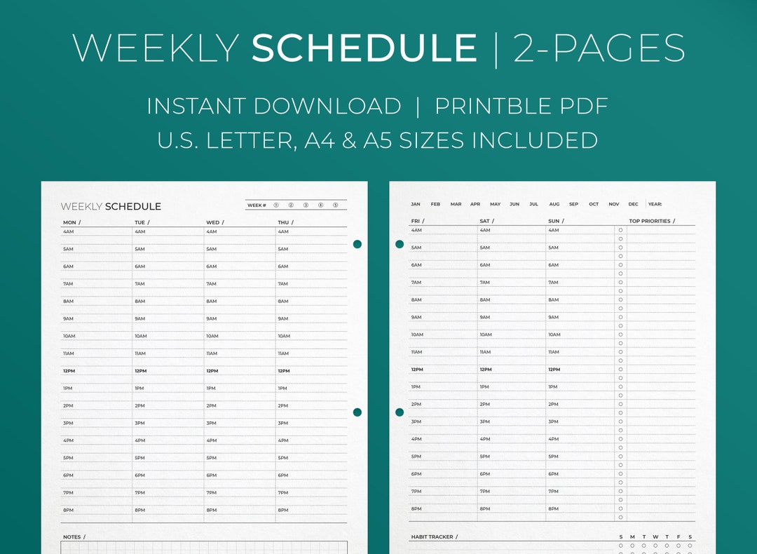 Weekly Schedule on 2 Pages ⦁ Minimalist Printable PDF Template Planner ...