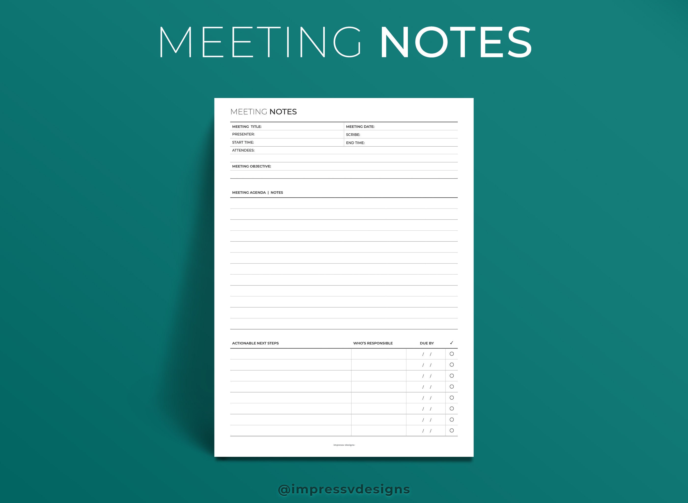 Meeting Notes Minimalist Printable Productivity PDF Template Planner ...