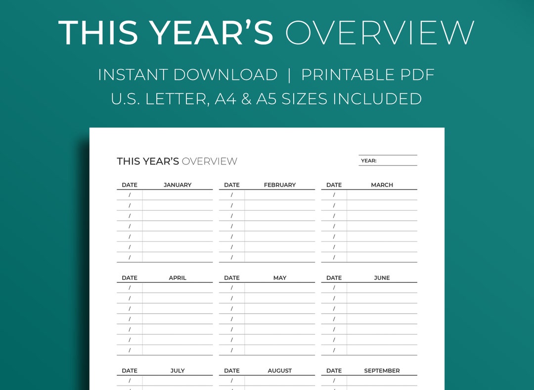 This Years Overview Minimalist Printable Productivity PDF Template ...