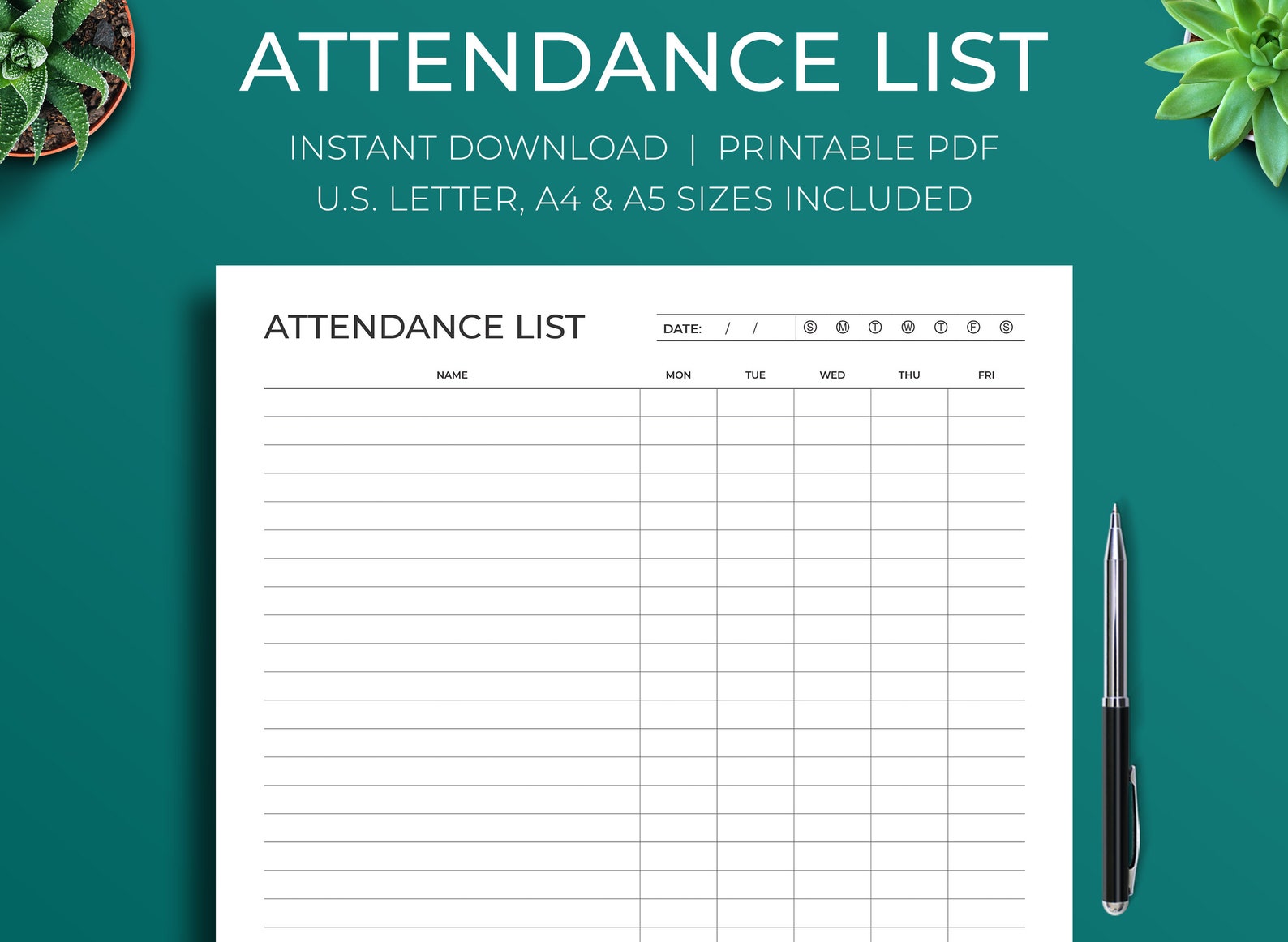 Printable Attendance List ⦁ A4, A5, Letter ⦁ Minimalist Printable ...
