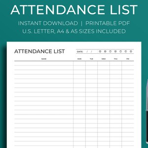 Printable Attendance List ⦁ A4, A5, Letter ⦁ Minimalist Printable ...