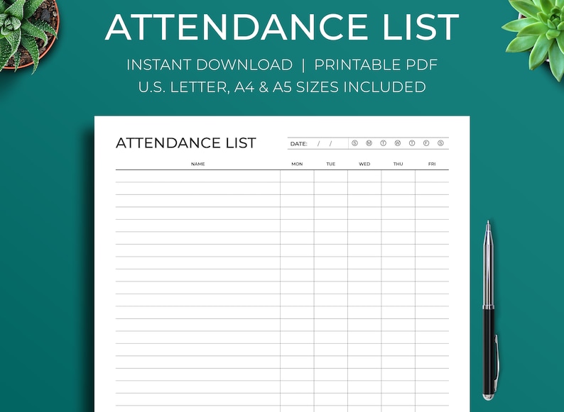 Printable Attendance List ⦁ A4, A5, Letter ⦁ Minimalist Printable ...