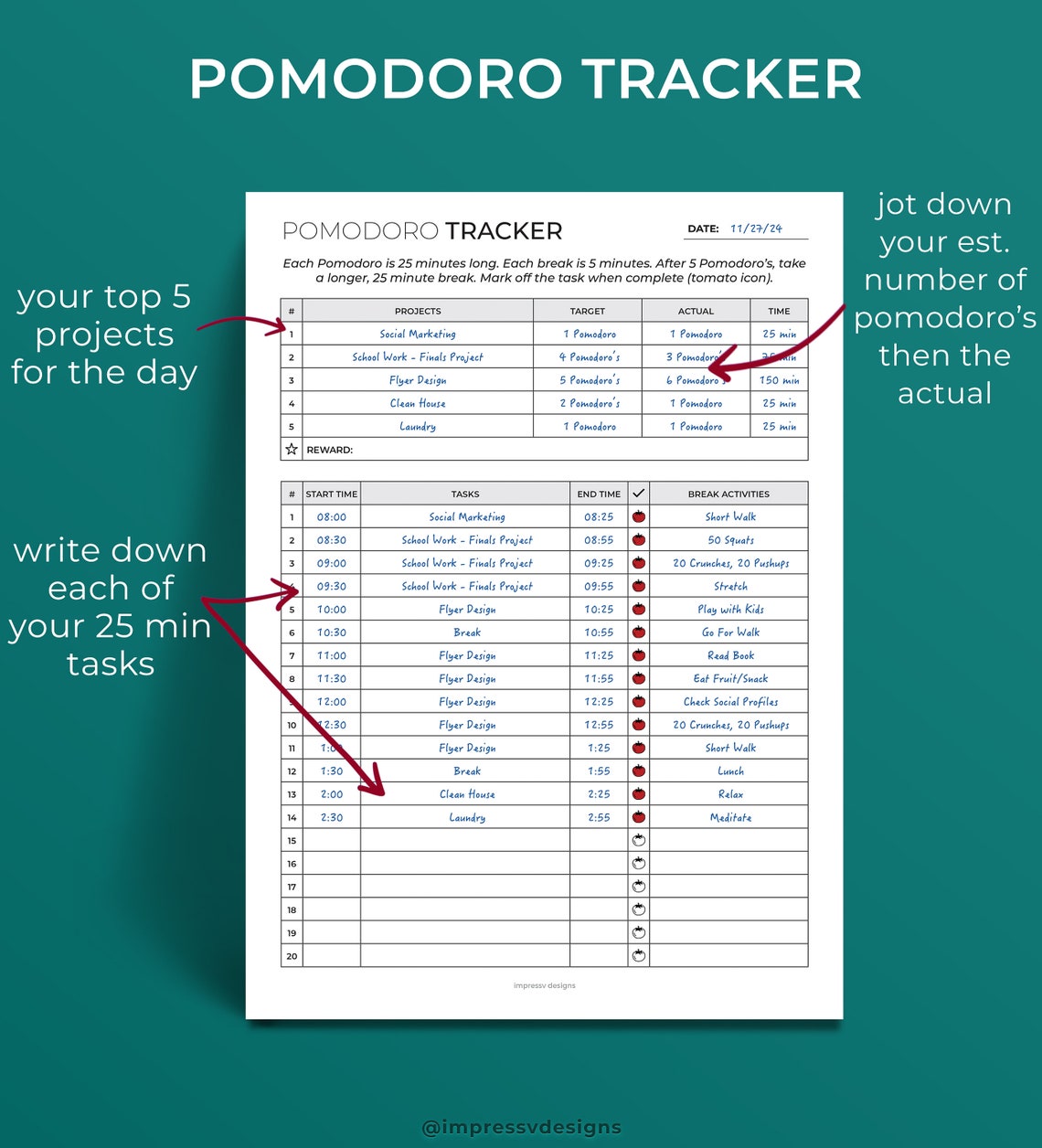 Pomodoro Tracker Fillable & Printable Pomodoro Planner Pomodoro Log ...
