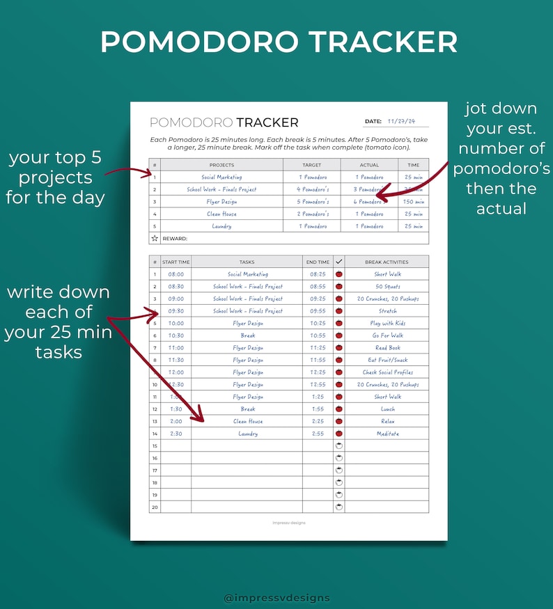 Pomodoro Tracker ⦁ Fillable & Printable ⦁ Pomodoro Planner ⦁ Pomodoro ...