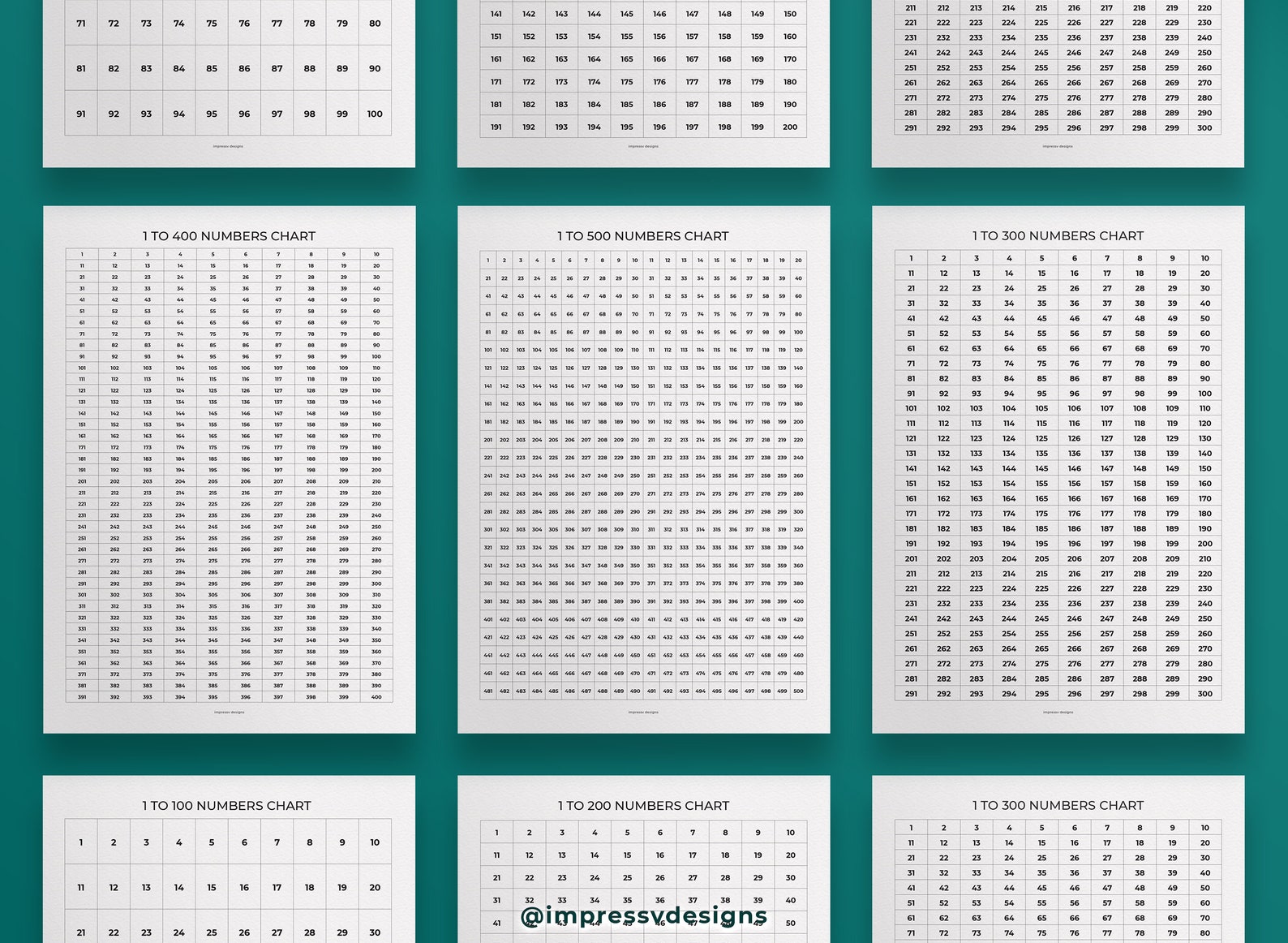 Number Chart Bundle 100 to 500 A4, A5, Half-letter, Letter Sizes ...