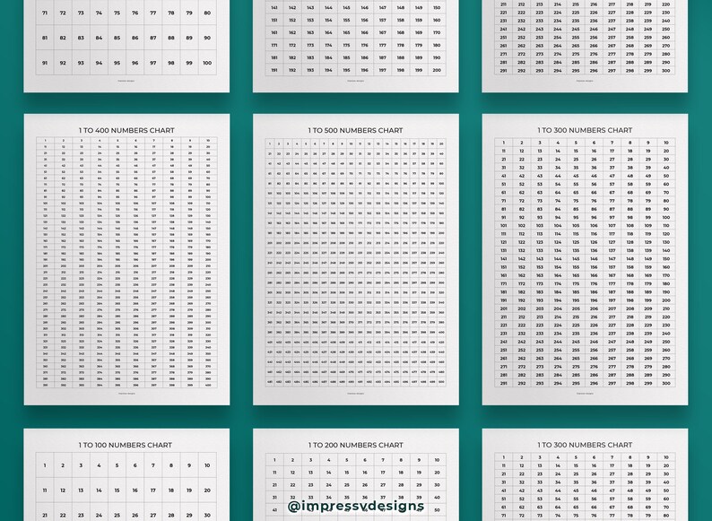 Number Chart Bundle 100 to 500 A4, A5, Half-letter, Letter Sizes ...