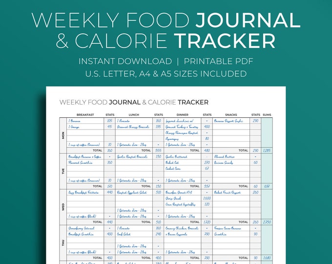 Weekly Food Journal and Calorie Tracker ⦁ Carb Tracker, Protein Tracker ...