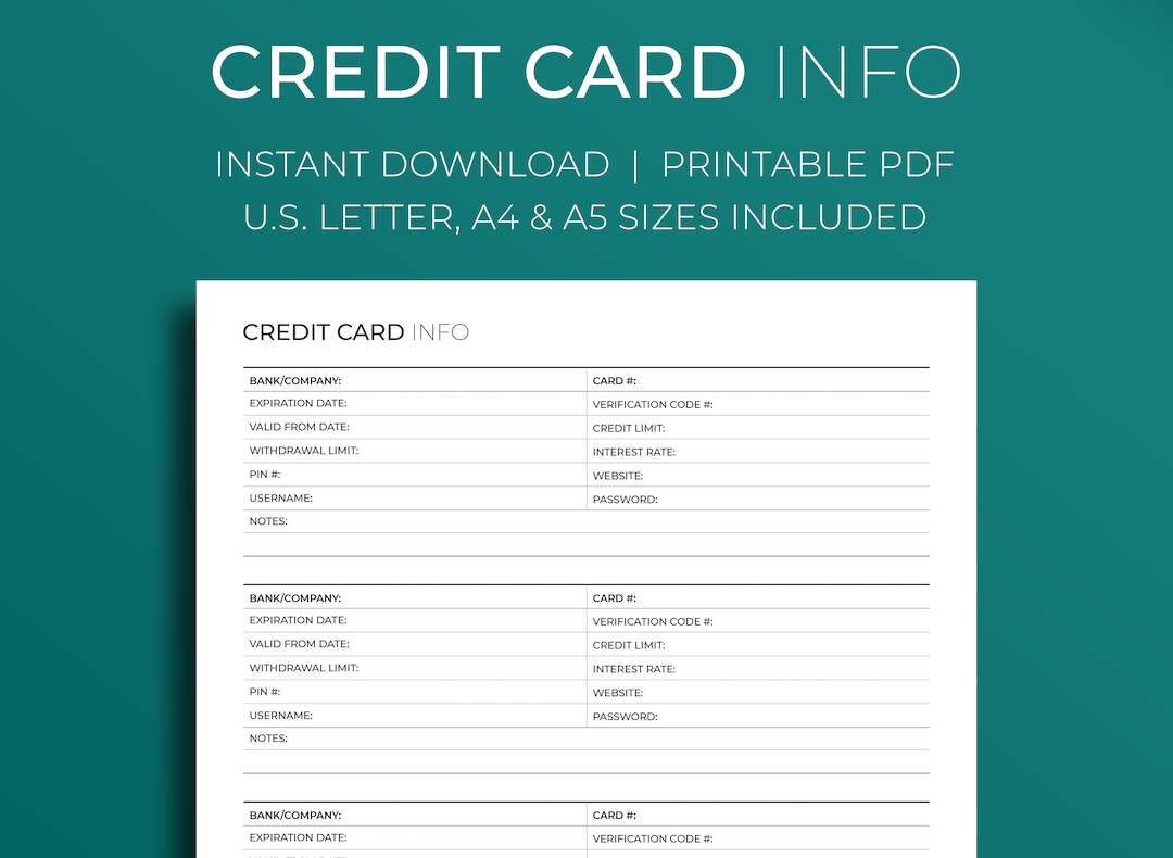 Credit Card Info ⦁ Minimalist Printable Productivity PDF Template ...