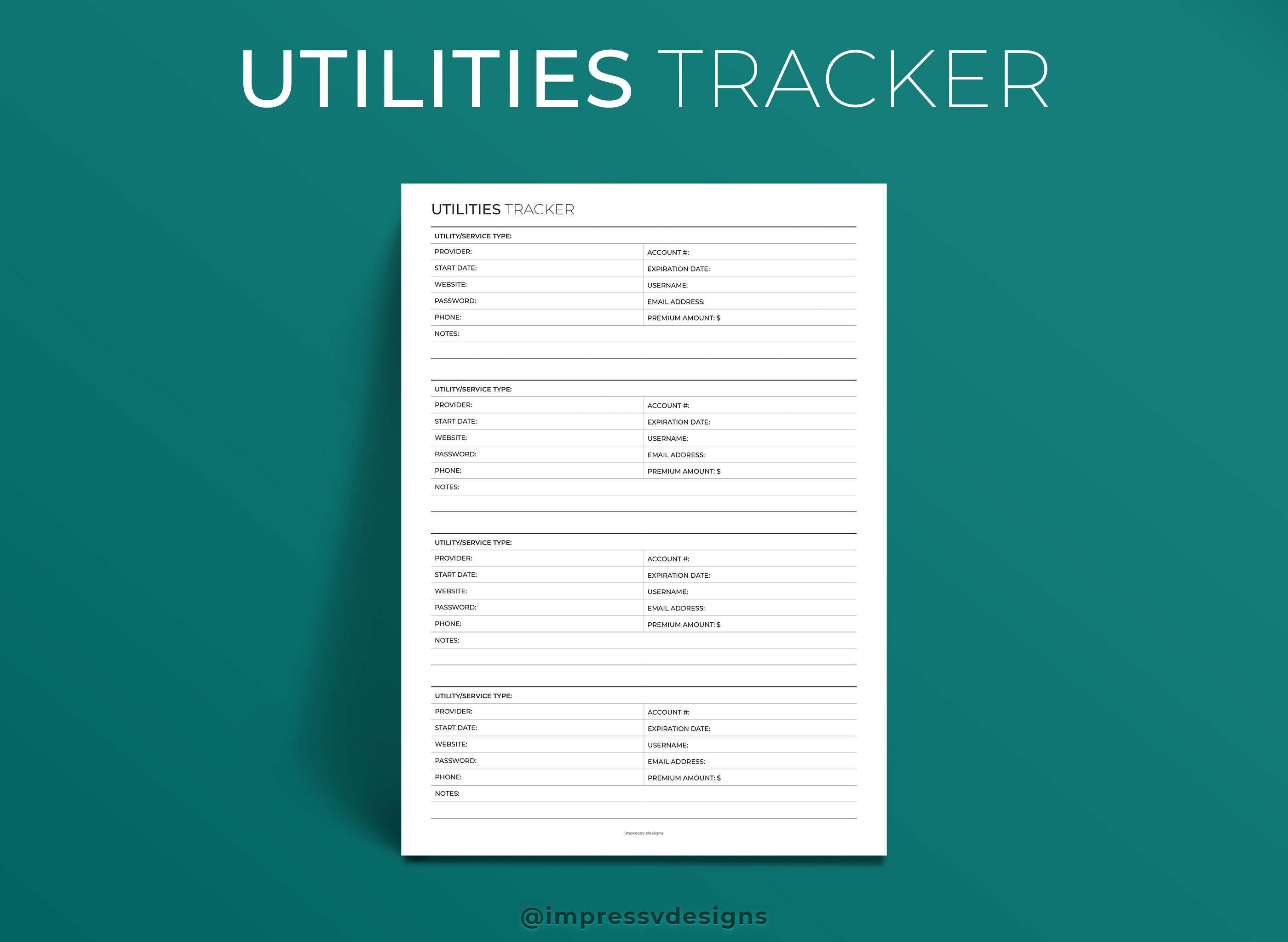 Utilities Tracker Minimalist Printable Productivity PDF Template ...