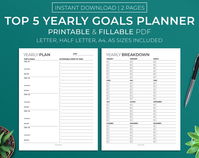 Top 5 Yearly Goals Planner | Fillable & Printable | Minimalist ...