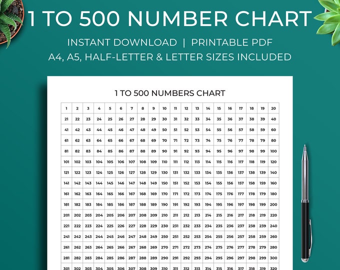 Printable 1 to 500 Number Chart ⦁ A4, A5, Half-letter, Letter Sizes ...
