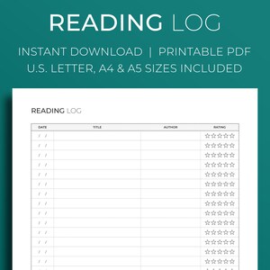 Reading Log Minimalist Printable Productivity PDF Template Planner ...