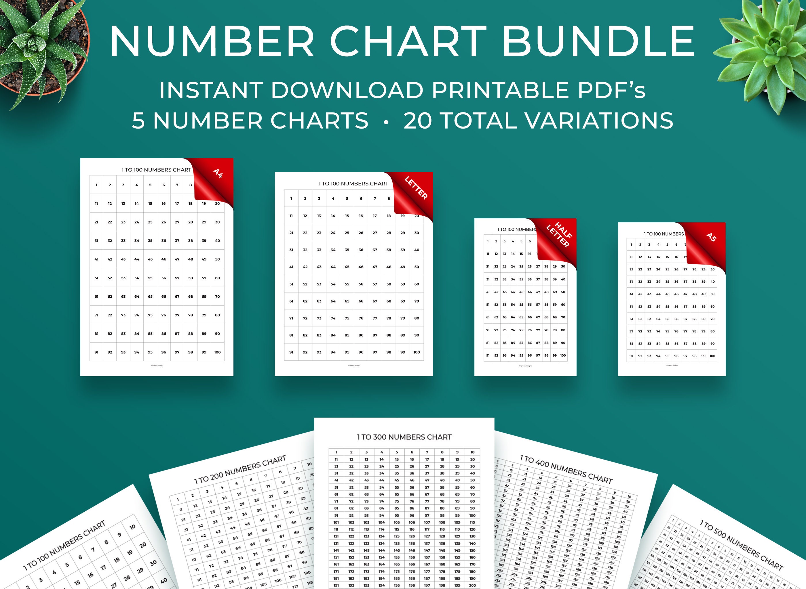 Number Chart Bundle ⦁ 100 to 500 ⦁ A4, A5, Half-letter, Letter Sizes ...