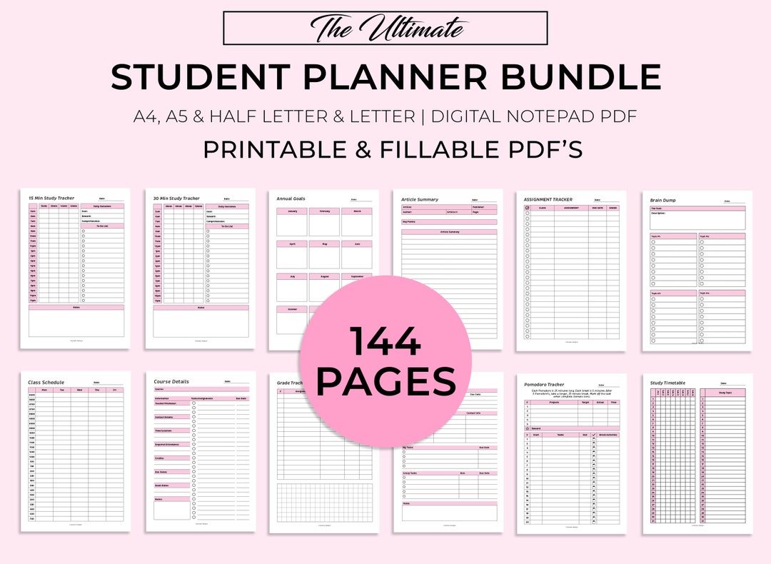 Printable & Fillable Student Planner Bundle, Digital Notepad Bundle ...
