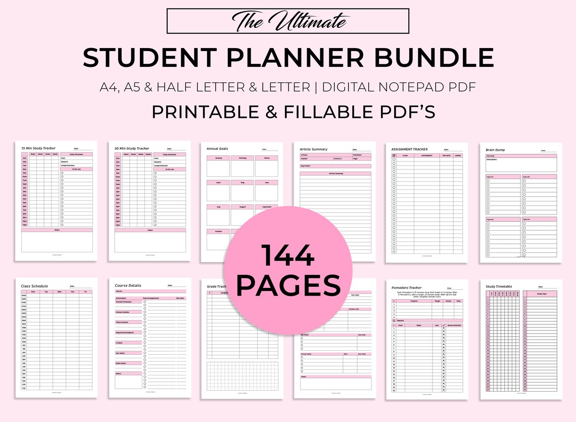 Printable & Fillable Student Planner Bundle, Digital Notepad Bundle ...