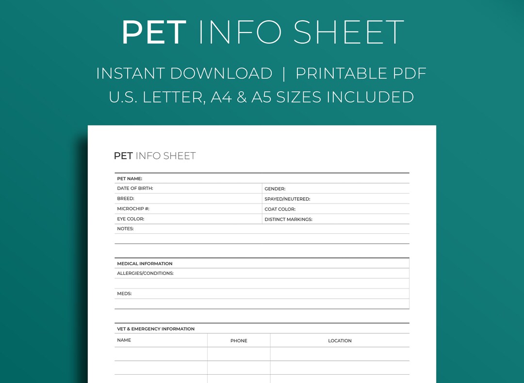 Pet Info Sheet ⦁ Minimalist Printable Productivity Template Planner ...