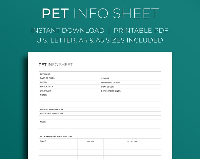 Pet Info Sheet ⦁ Minimalist Printable Productivity Template Planner ...