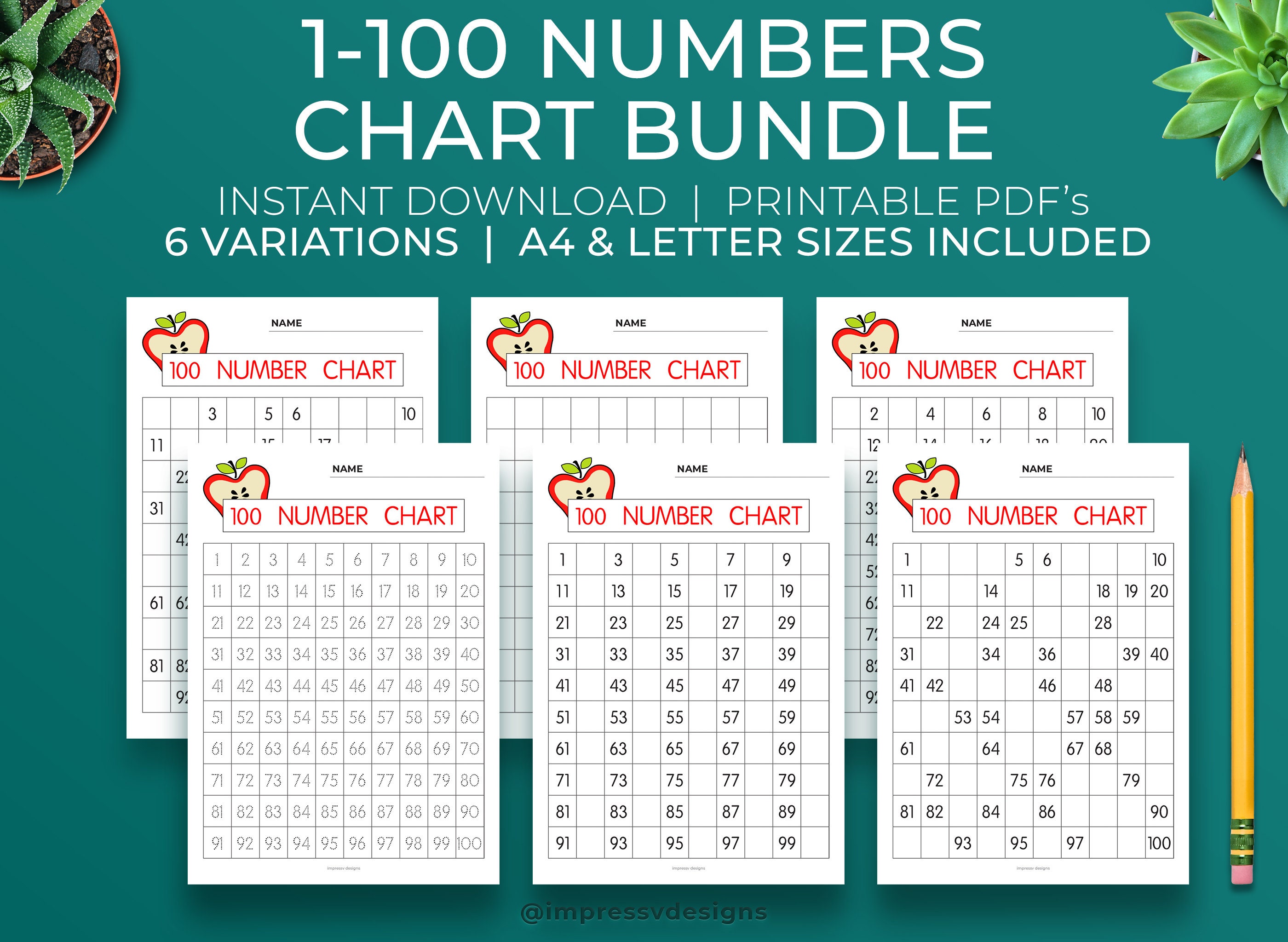 Printable 1 to 100 Number Chart Bundle A4 & Letter Sizes Blank, Filled ...