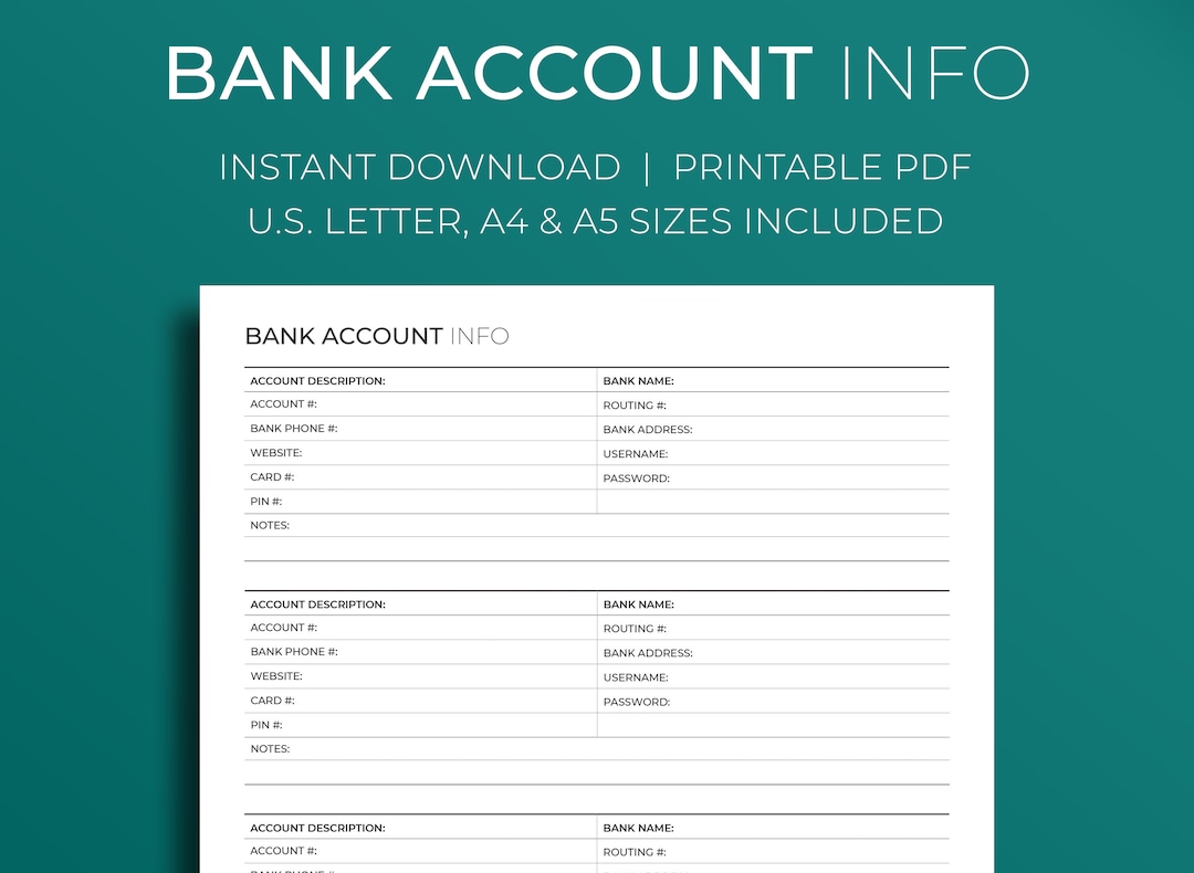 Bank Account Info ⦁ Minimalist Printable Productivity PDF Template ...