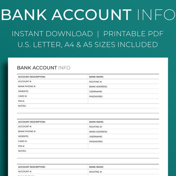 Bank Account Info Planner - Etsy