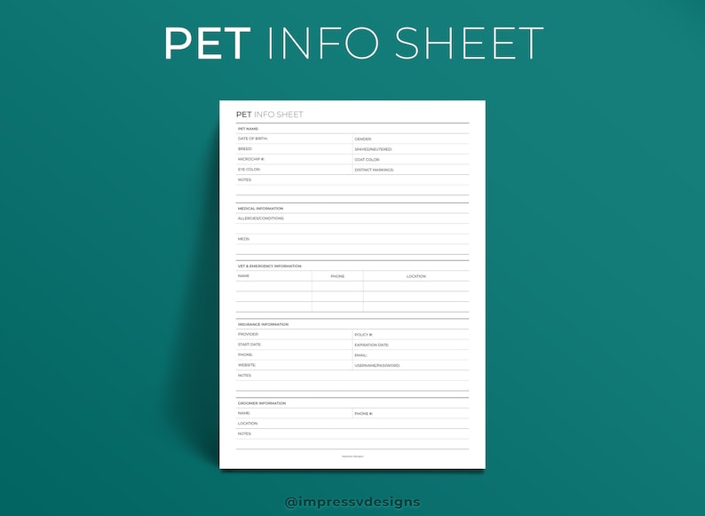 Pet Info Sheet ⦁ Minimalist Printable Productivity Template Planner ...