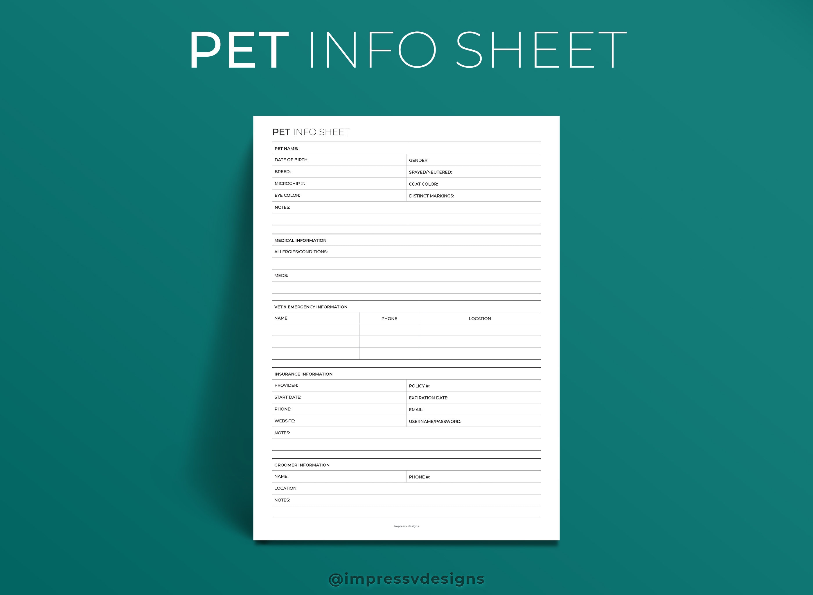 Pet Info Sheet ⦁ Minimalist Printable Productivity Template Planner ...