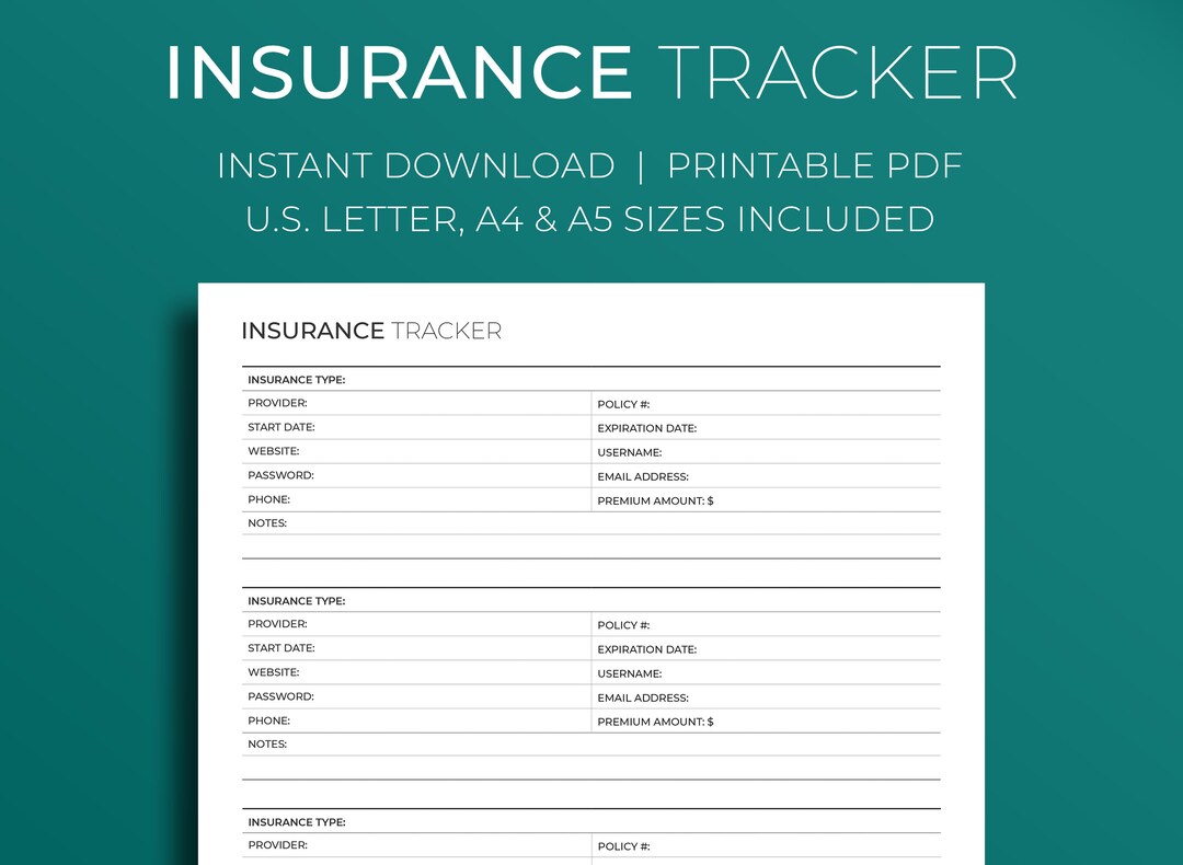 Insurance Tracker ⦁ Minimalist Printable Productivity PDF Template ...