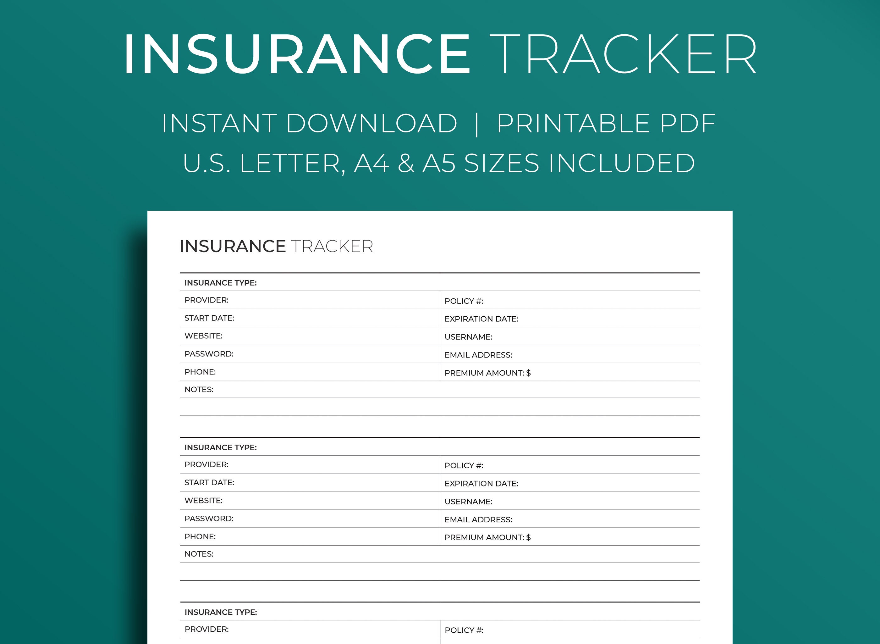 Insurance Tracker Minimalist Printable Productivity PDF Template ...