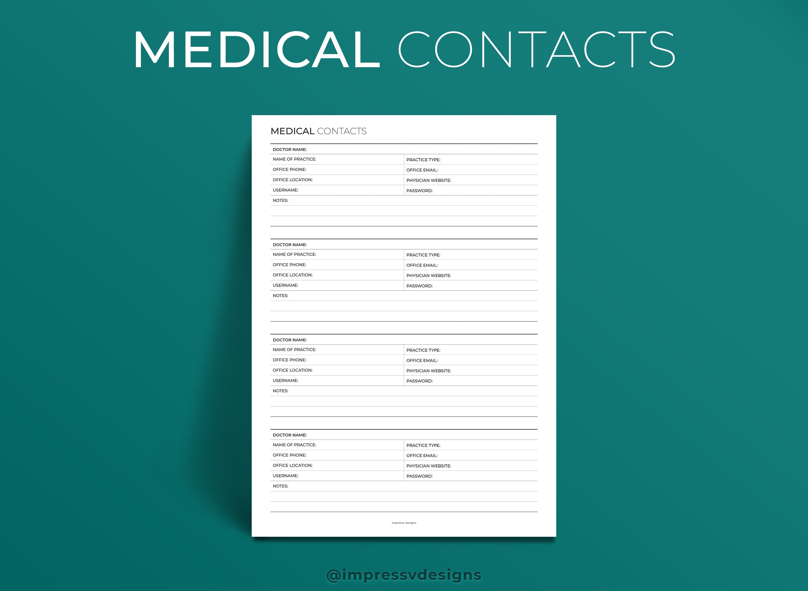 Medical Contacts Minimalist Printable Productivity PDF Template Planner ...