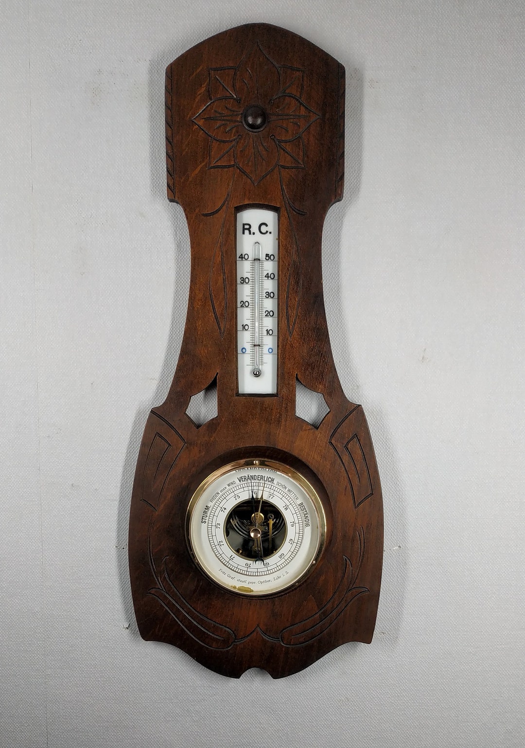 1930’s Art Deco Antique Weather Station Barometer Thermometer in Carved ...