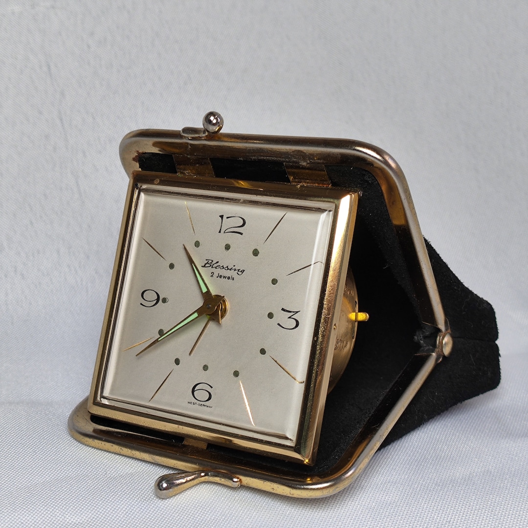 1970 German Folding Mechanical Travel Alarm Clock in Black Leather ...