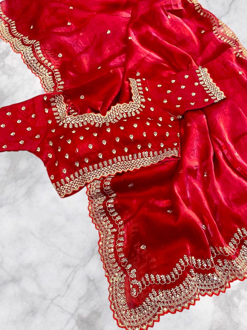 Buy Red Embroidered Organza Silk Saree: Bridal Wedding Sari Online in ...