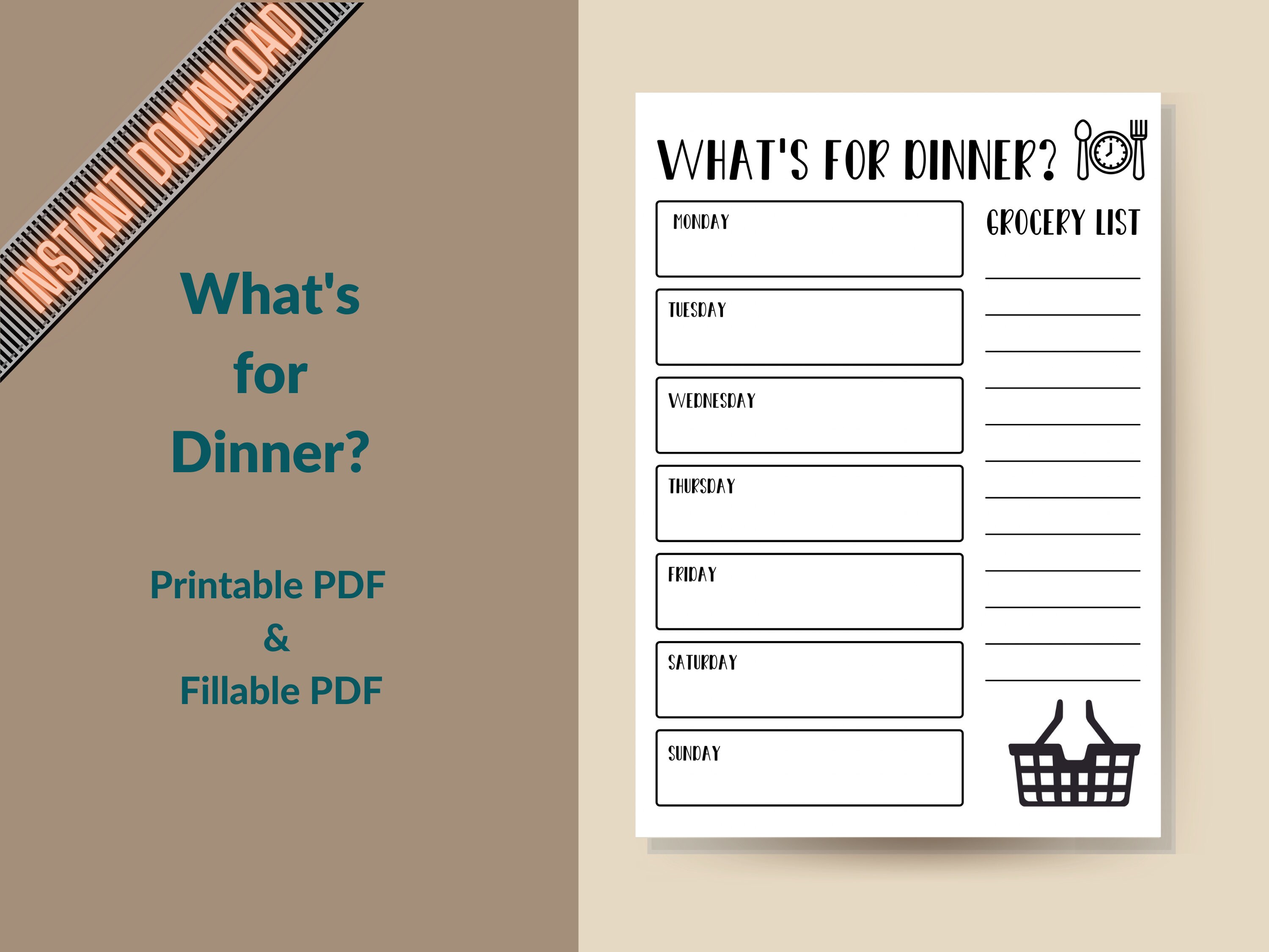 What’s for Dinner Printable Menu, Pdf Meal Planner Grocery List - Etsy