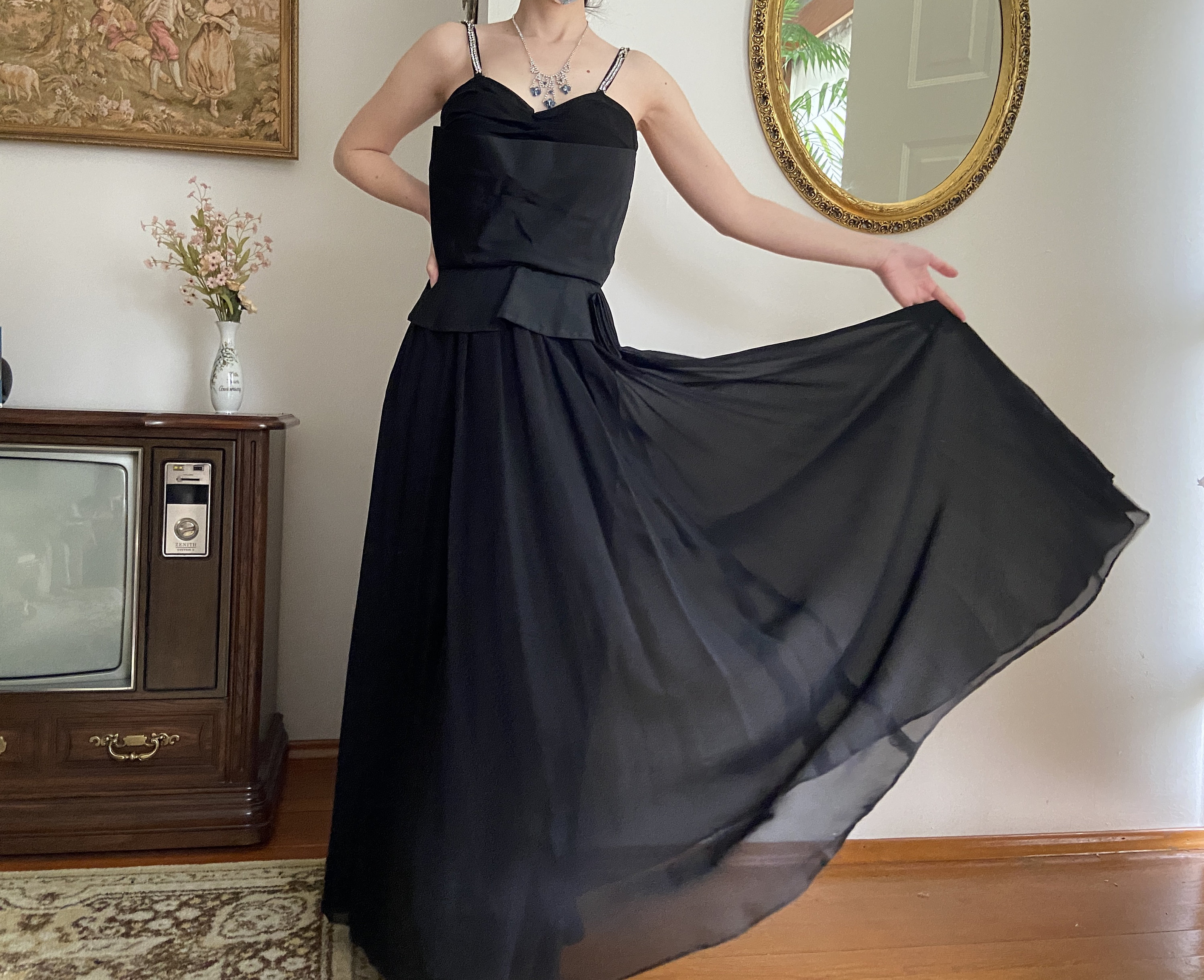 Vintage Late 1940s Black Evening Gown With Rhinestone Studded - Etsy