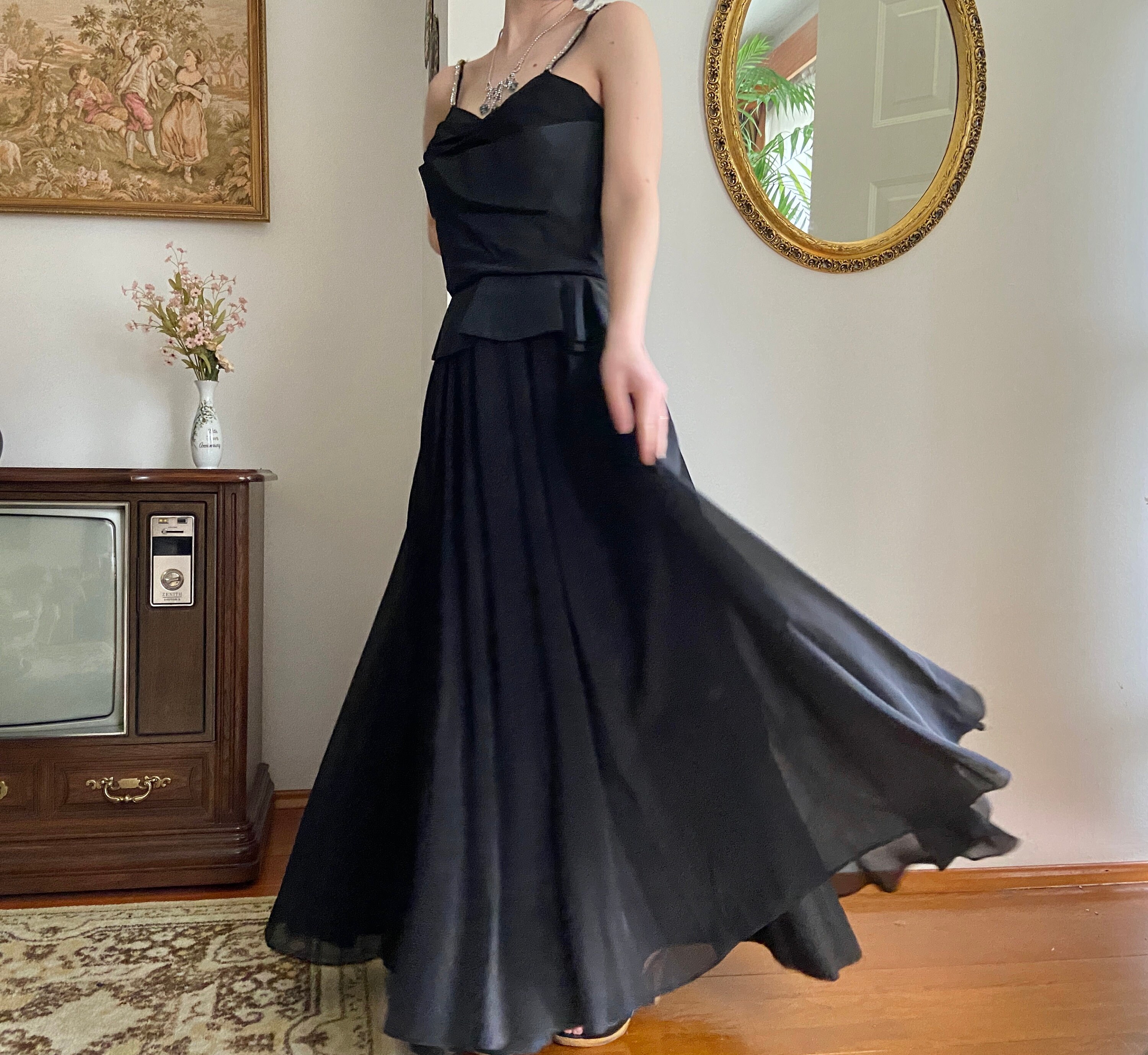 Vintage Late 1940s Black Evening Gown With Rhinestone Studded - Etsy
