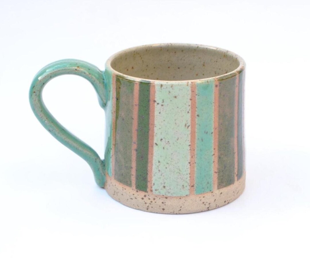 Green Striped Coffee Cups | Buff Stoneware | Hand Thrown Mugs | Hand ...