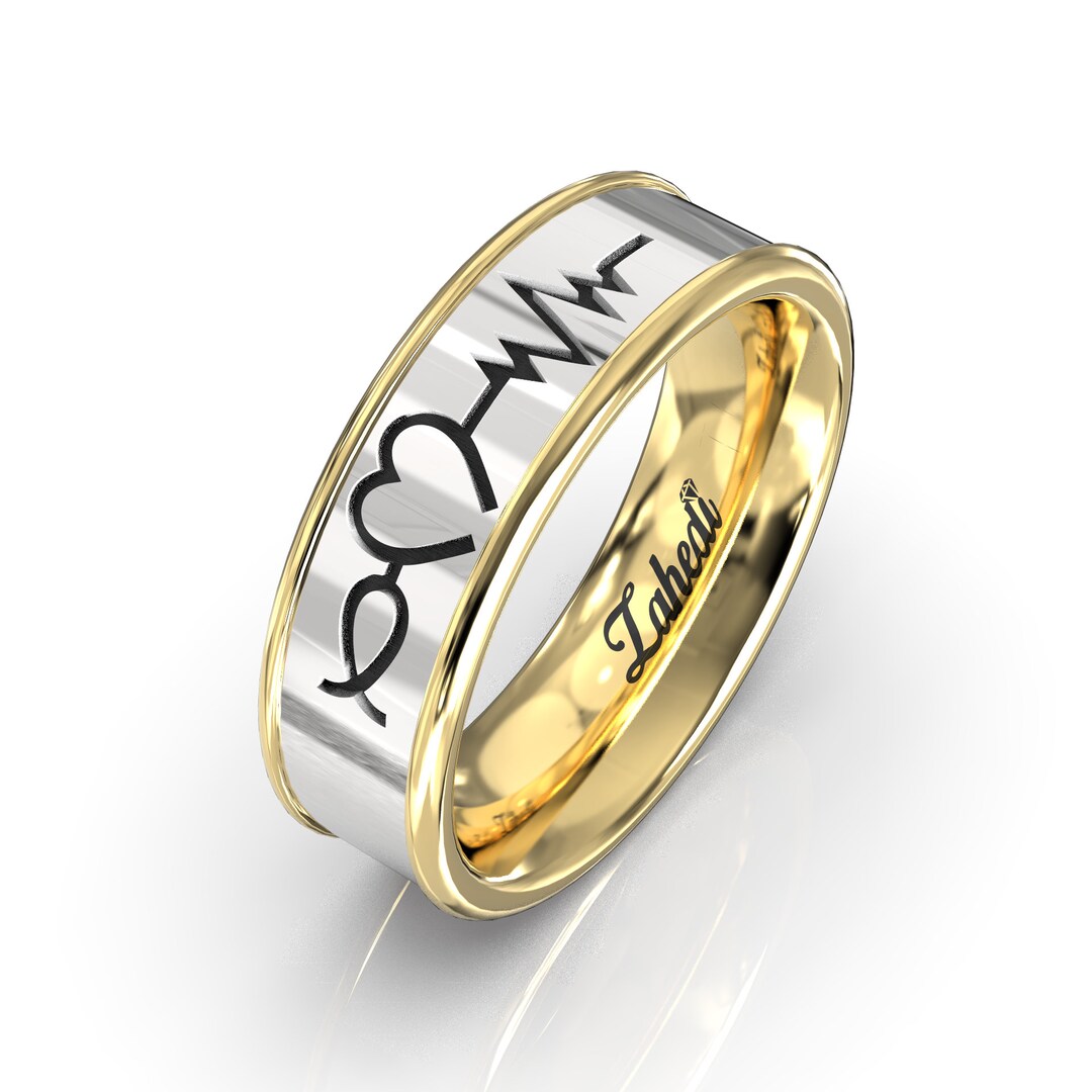 Heartbeat Ring, Combination Ring 14k Solid Gold and Silver Band, Silver ...