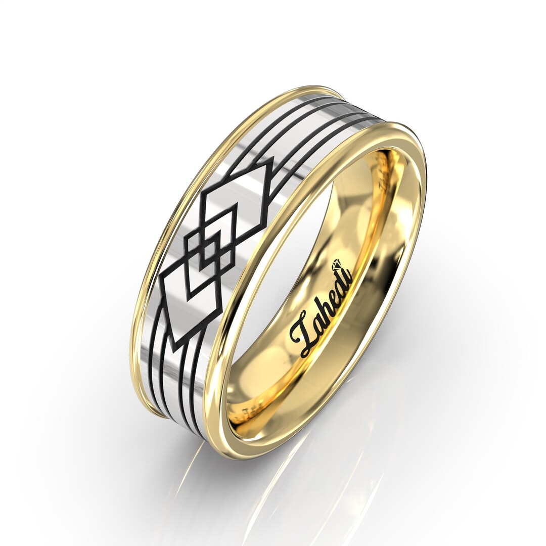 Rhombus Ring, Combination Ring 14k Solid Gold and Silver Band, Sterling ...