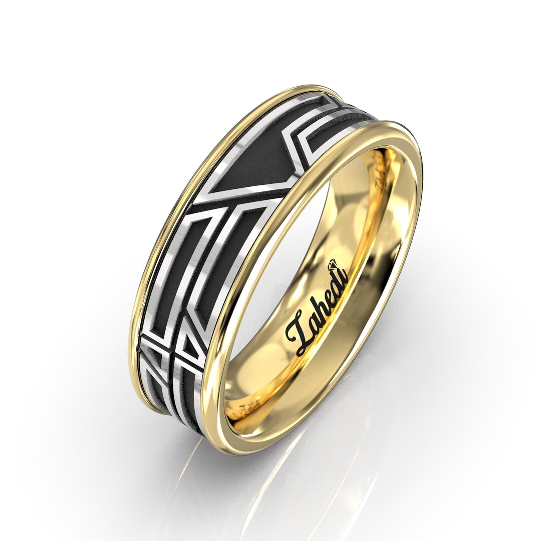 Art Deco Ring, Combination Ring 14k Solid Gold and Silver Band, Silver ...