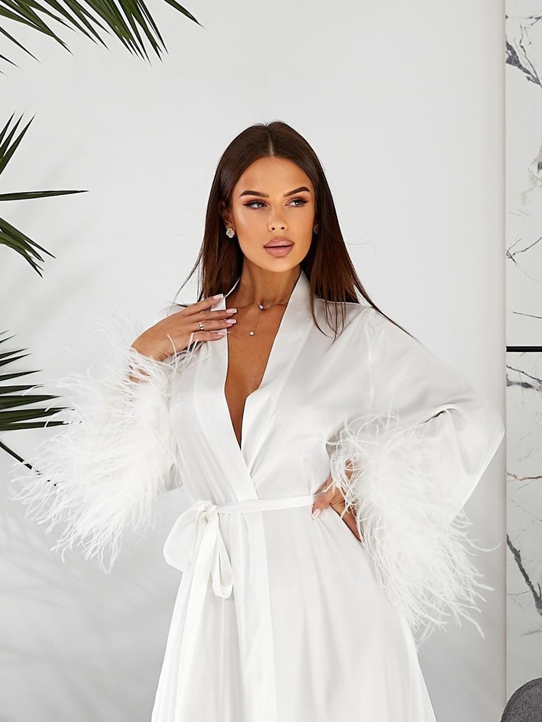 Long Bridal Robes / Boudoir Feather Robe / White Bride Robe / Weddding ...