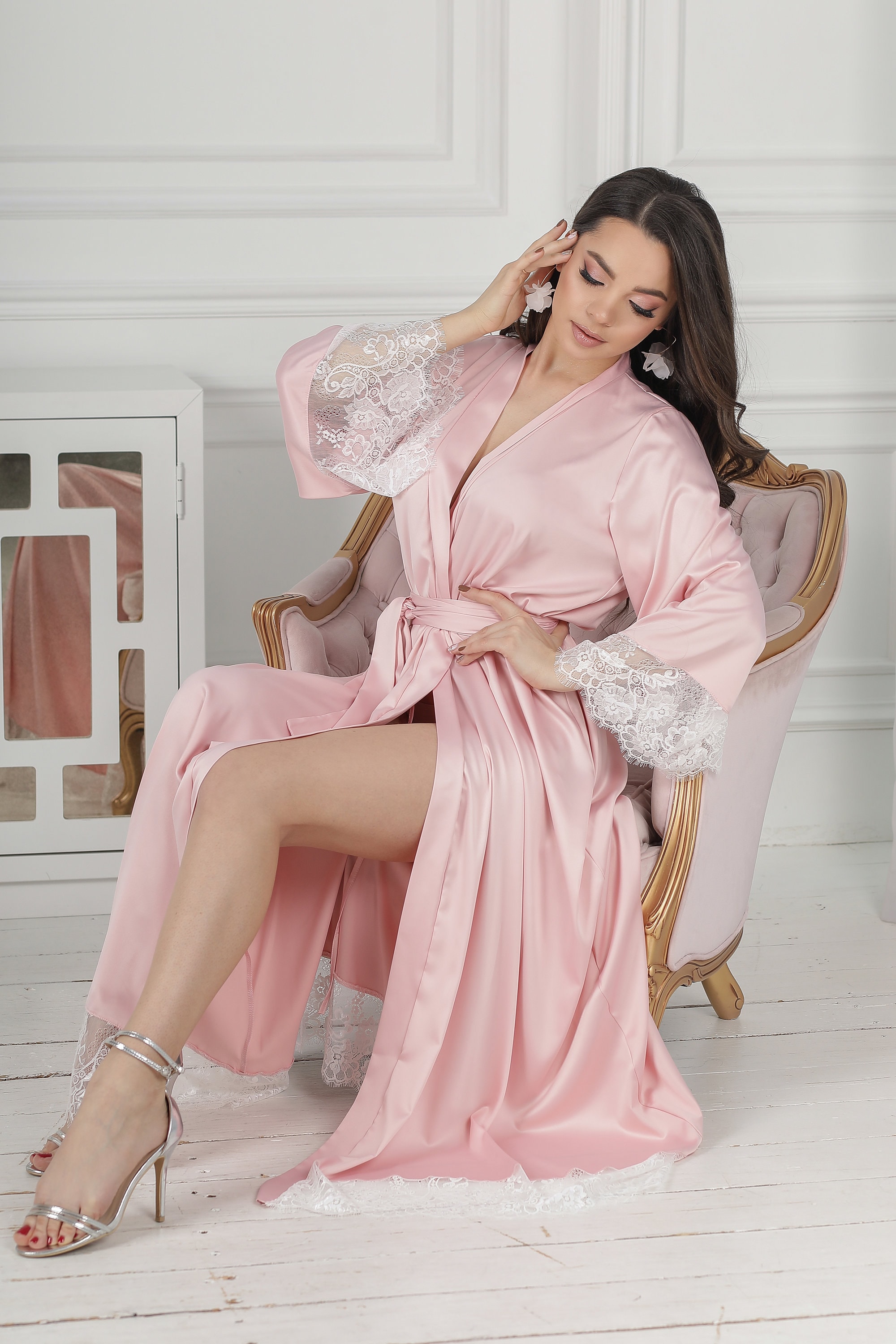 Wedding Kimono Robe Long Silk Robe Kimono Robe Wedding Lace Etsy