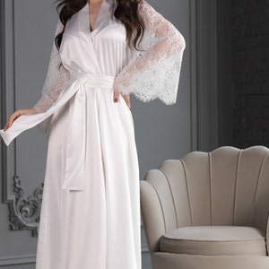 White Long Robe Satin Dressing Gown Lace Long Robe Peignoir Honeymoon ...