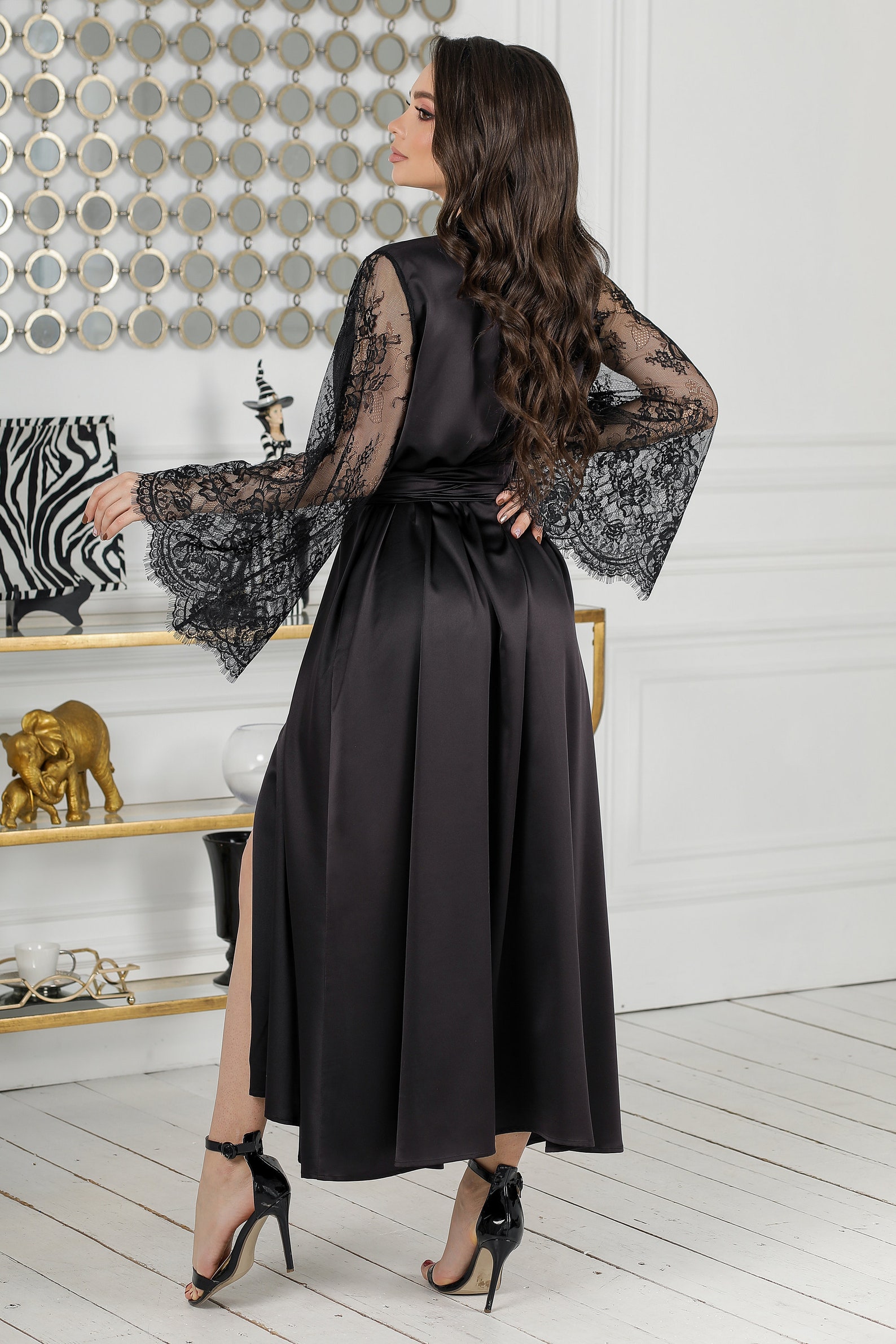 Black Lace Robe Silk Satin Gothic Wedding Lace Kimono Robe | Etsy