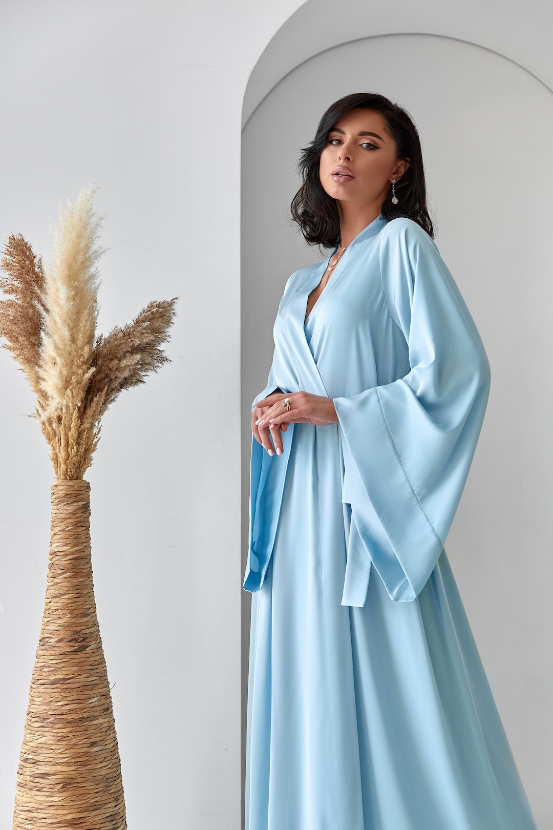 Long Silk Robe Bridesmaid Robes Kimono Robe Wedding Kimono Blue Kimono ...