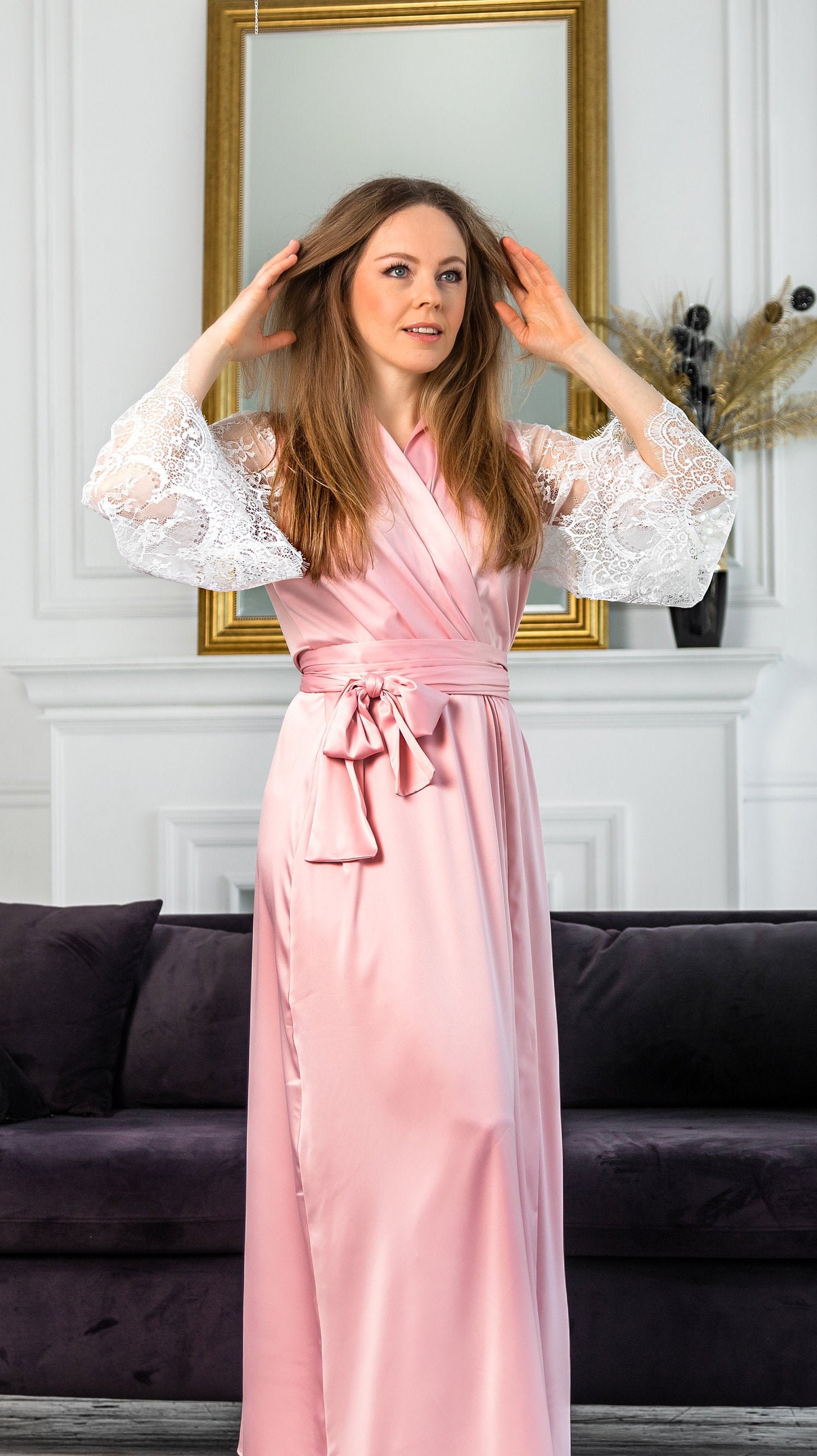 White Silk Kimono Long Satin Dressing Gown Lace Long Robe Etsy