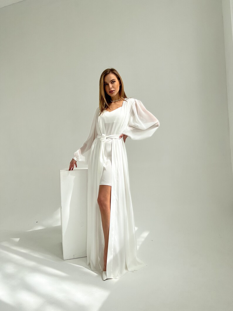 White Silk Satin Bridal Robe Set, Lace Sleeves, Long Wedding Gown - Etsy