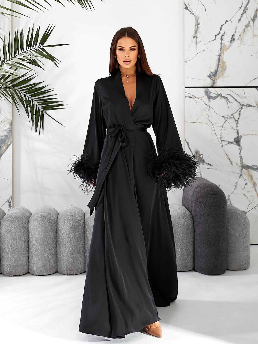 Wedding Robes Feather Robe Black Boudoir Robe Long Bridal Robe Ostrich ...