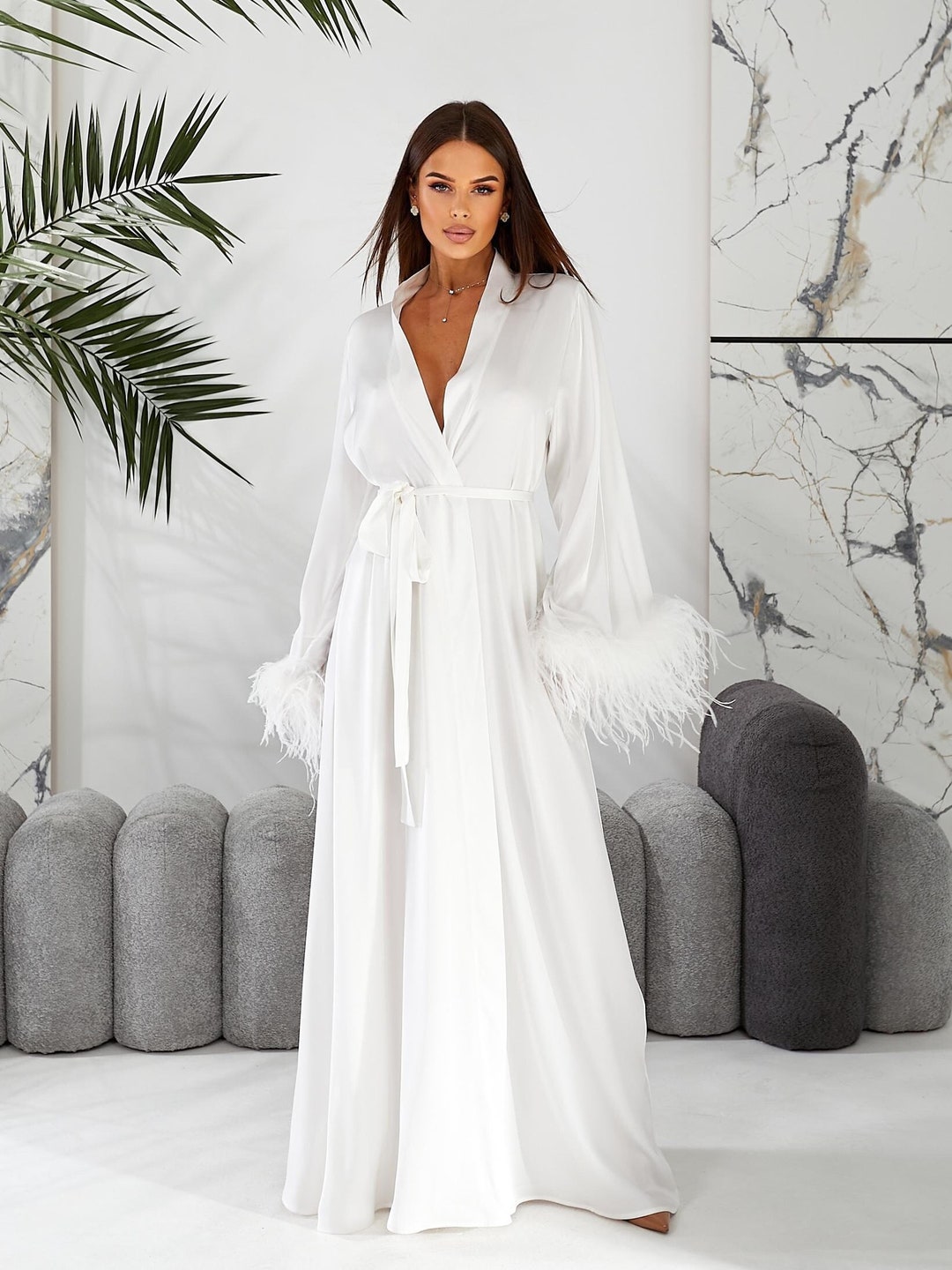 Long Bridal Robes, Feather Robe Long, Bride White Robe, Boudoir Robe ...